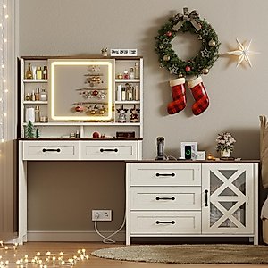 BTHFST Farmhouse Vanity with Glass Top & Charging Station, Vanity Desk with Touch Screen Mirror and Lights, Makeup Vanity with 5 Drawers & Shelves & Cabinet, Antique White