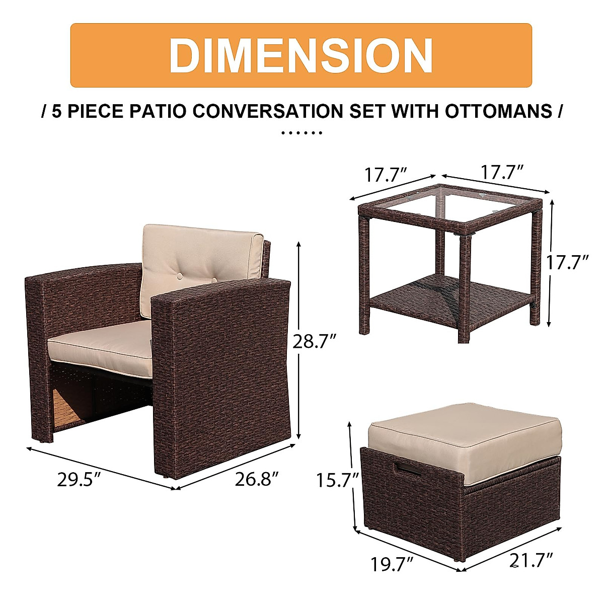 Super Patio 5 Piece Outdoor Furniture Set, PE Wicker Rattan Small Patio Set Balcony Furniture, Outdoor Sofa with Ottomans, Tempered Glass Side Table, Beige Cushions, for Porch, Deck, Poolside