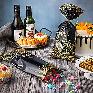100 Pcs Happy Birthday Bags Small Black Gold Cellophane Treat Bags Dot Goodie Bags Party Favor Candy Bags with 100 Golden Twist Ties Cookie Packaging Gift Bags for Kids Birthday Party Supplies