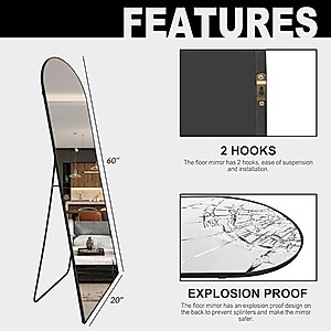 Delma Standing Mirror Full Length,Mirror Full Body,Large Floor Mirror with Arched Frame for Wall Entryway Door Bedroom Bathroom Living Room (with Stand,60x20-Black)
