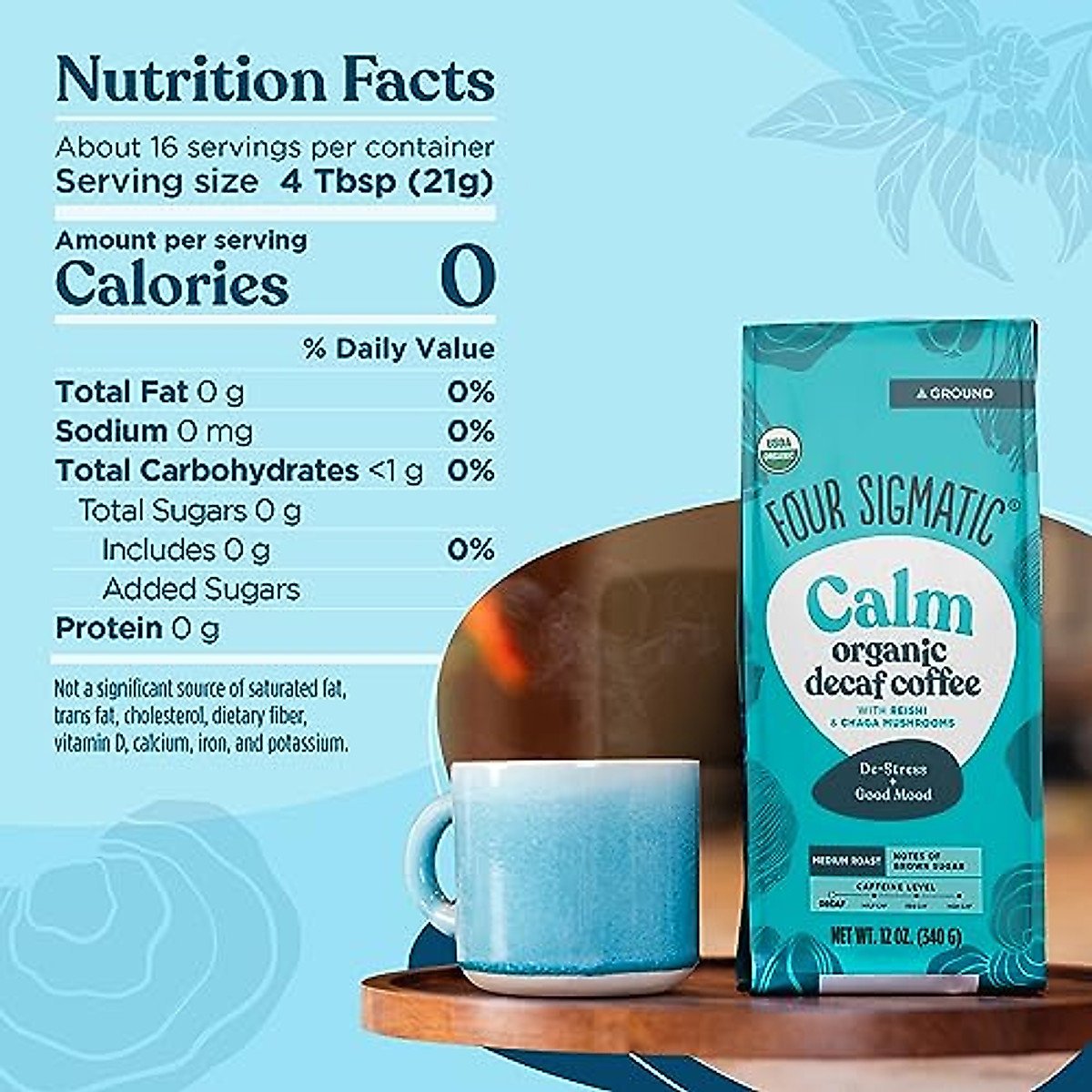Four Sigmatic Calm Organic Decaf Ground Coffee | Swiss Water Decaf Coffee Ground | Decaffeinated Coffee with Chaga & Reishi Mushroom Extracts | Decaf Coffee for Stress Relief | 12oz Bag
