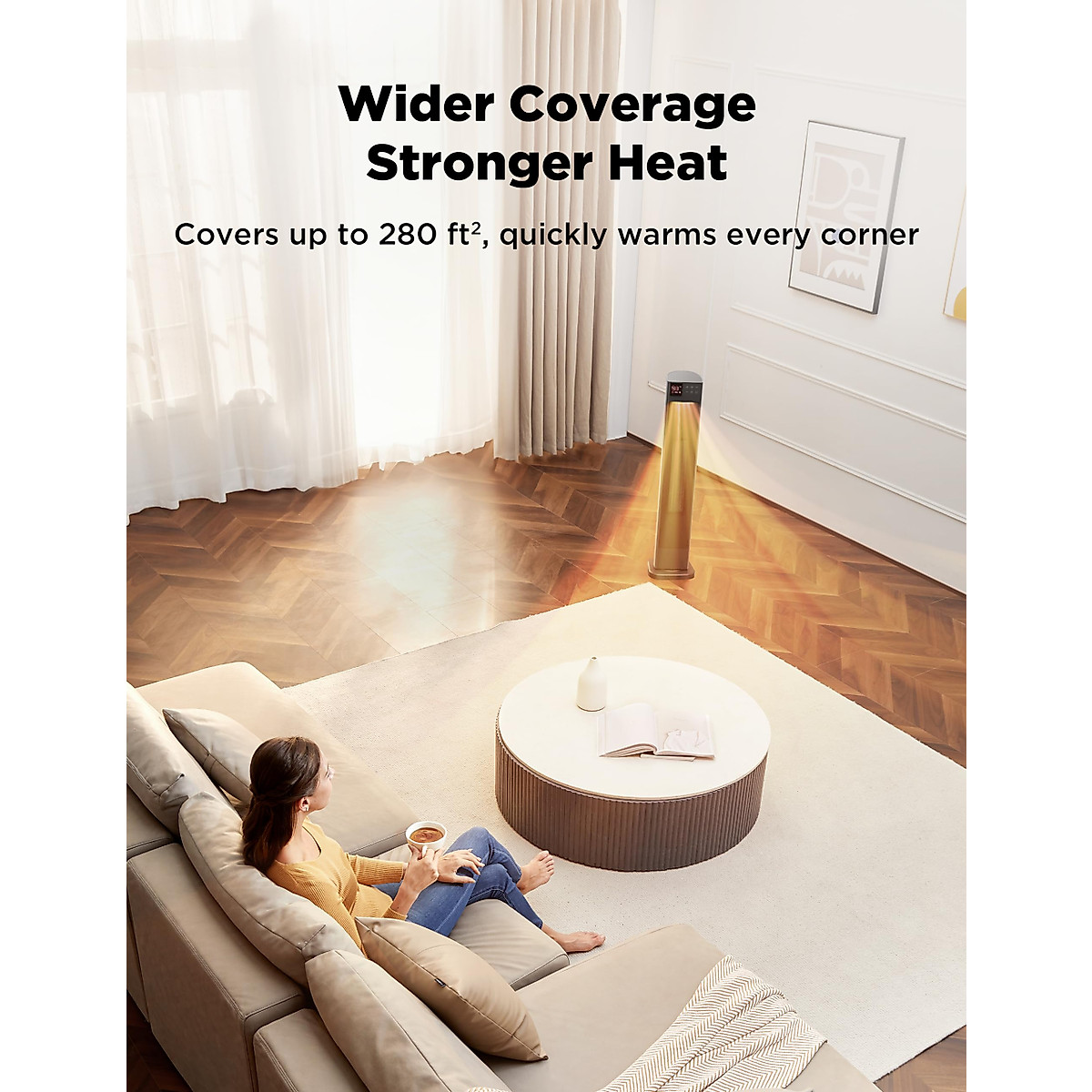 PELONIS 30” Ceramic Tower Space Heater with Adjustable Thermostat for Large Room, 75° Oscillation, Remote Control & 12H Timer, Tip-Over Switch & Overheating Protection, 1500W, PHF15RSAPH30, Black