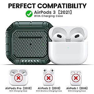 CUZOW Compatible with AirPods 3rd Generation Case, Full Body Rugged Hard PC Protective Cover with Wireless Charging, Durable Case with Keychain LED Visible for AirPods 3 Case(2021), Green