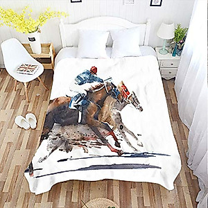 Beabes Horse Race Competition Warm Throw Blanket Racing Horses with Creative Jockeys Watercolor Painting Throw Blanket for Bedroom Sofa Couch Car Deck Chair Soft Flannel Fleece Adults 60x80 Inch
