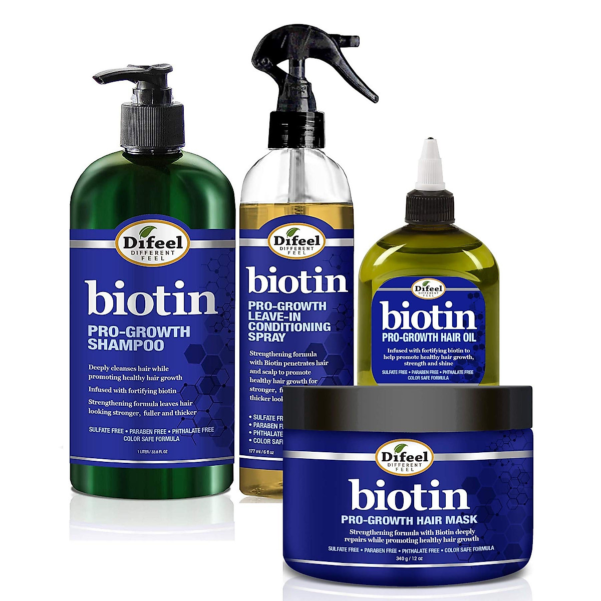 Difeel Pro-Growth Biotin Shampoo 4-PC Set- Includes Biotin Shampoo 33.8 oz, Leave-in Conditioning Spray 6oz, Hair Mask 12 oz AND Biotin Hair Oil 7.78oz
