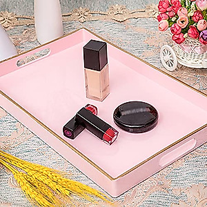 MAONAME Pink Serving Tray with Handles, Modern Decorative Tray for Coffee Table, Plastic Rectangular Tray for Ottoman, Bathroom, Decor, 15.75” x 10.2” x1.57