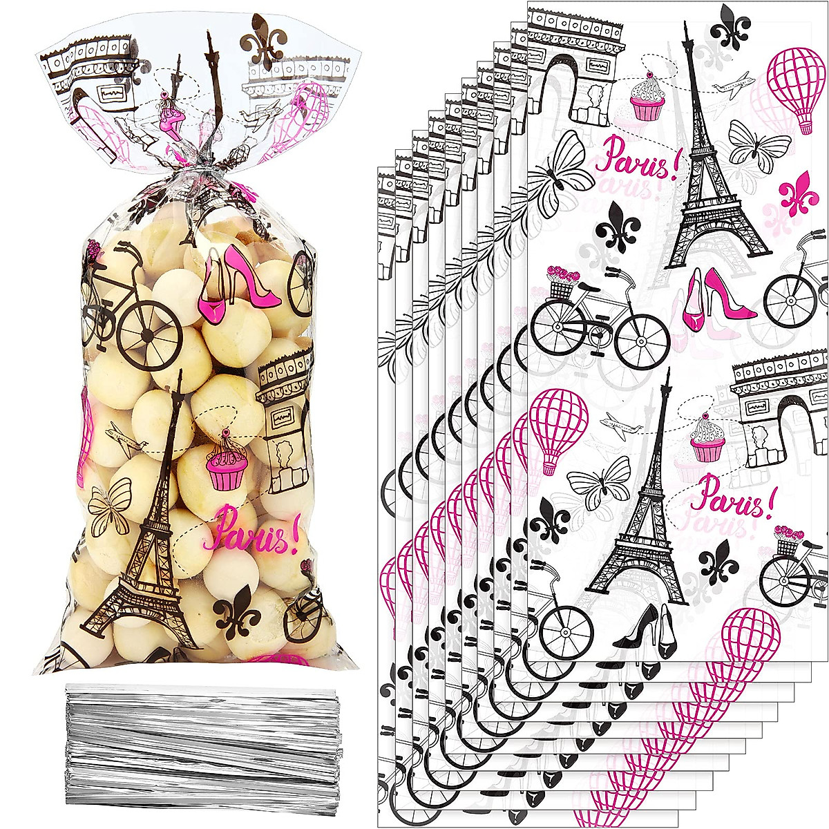 100 Pieces Paris Cellophane Treat Bags, Clear Plastic Pink Eiffel Tower Candy Goodie Bags with 100 Silver Twist Ties for Day in Paris Party Supplies
