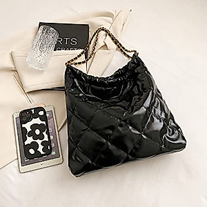 Hobo Bags for Women Designer PU Leather Shoulder Handbag Shiny Quilted Hobo Bag Women's Shoulder Bag (Black)