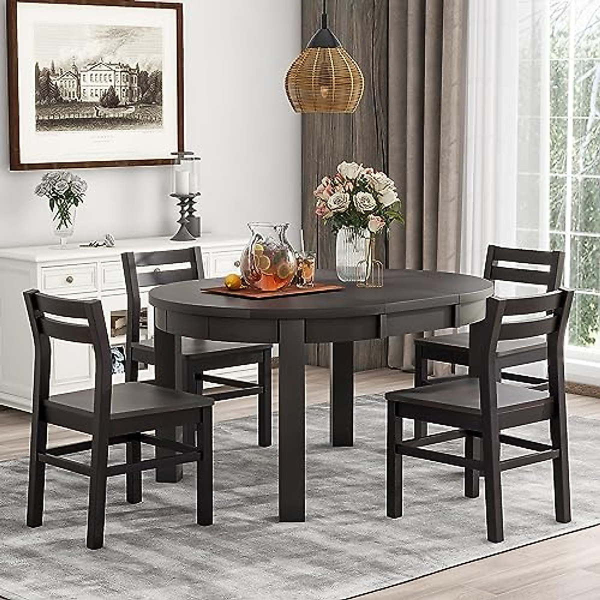 Bellemave 5 Piece Round Dining Table Set for 4 Wood Extendable Kitchen Table Set with Storage Drawers Farmhouse Dining Room Table and Chairs, 16" Removable Leaf, Espresso