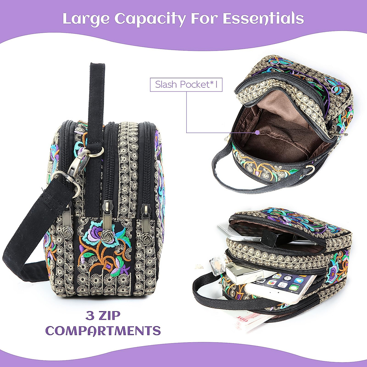 Embroidery Canvas Shoulder Bag Women Vintage Boho Mini Crossbody Bag Handbag Cell Phone Pouch (Purple)