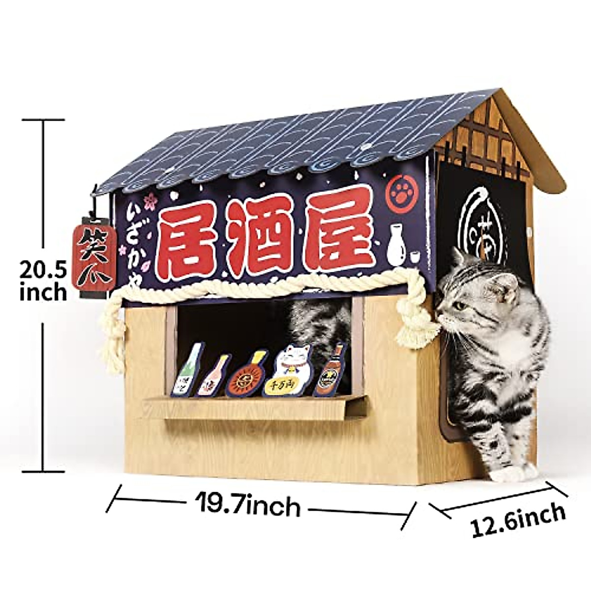 SMILE PAWS Cardboard Cat House with Scratcher, Cat Condo, Bed, Toys, Cat Izakaya Bar Scratcher house for Outdoor/Indoor Cats, Cat Play House & Home Décor, Easy to Assemble for Cats Bunny Small Animals