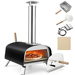 Giantex Pizza Oven Outdoor, Propane and Wood Fired Pizza Maker with 13" Pizza Stone, Pizza Peel, Gas Burner with Regulator, Built-in Thermometer, Portable Pizza Oven for Camping Backyard Party