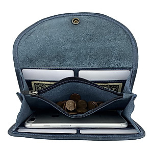 Hide & Drink, Full Grain Leather Snap Clutch Wallet for Women, Money Holder and Card Organizer with Zippered Pouch, Handmade, Slate Blue