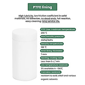 Huanyu 50ml PTFE Lined Hydrothermal Synthesis Autoclave Reactor 200℃ 3Mpa with PTFE Chamber High Pressure Digestion Tank Stainless Steel vessel Kettle for lab corrosion resistance