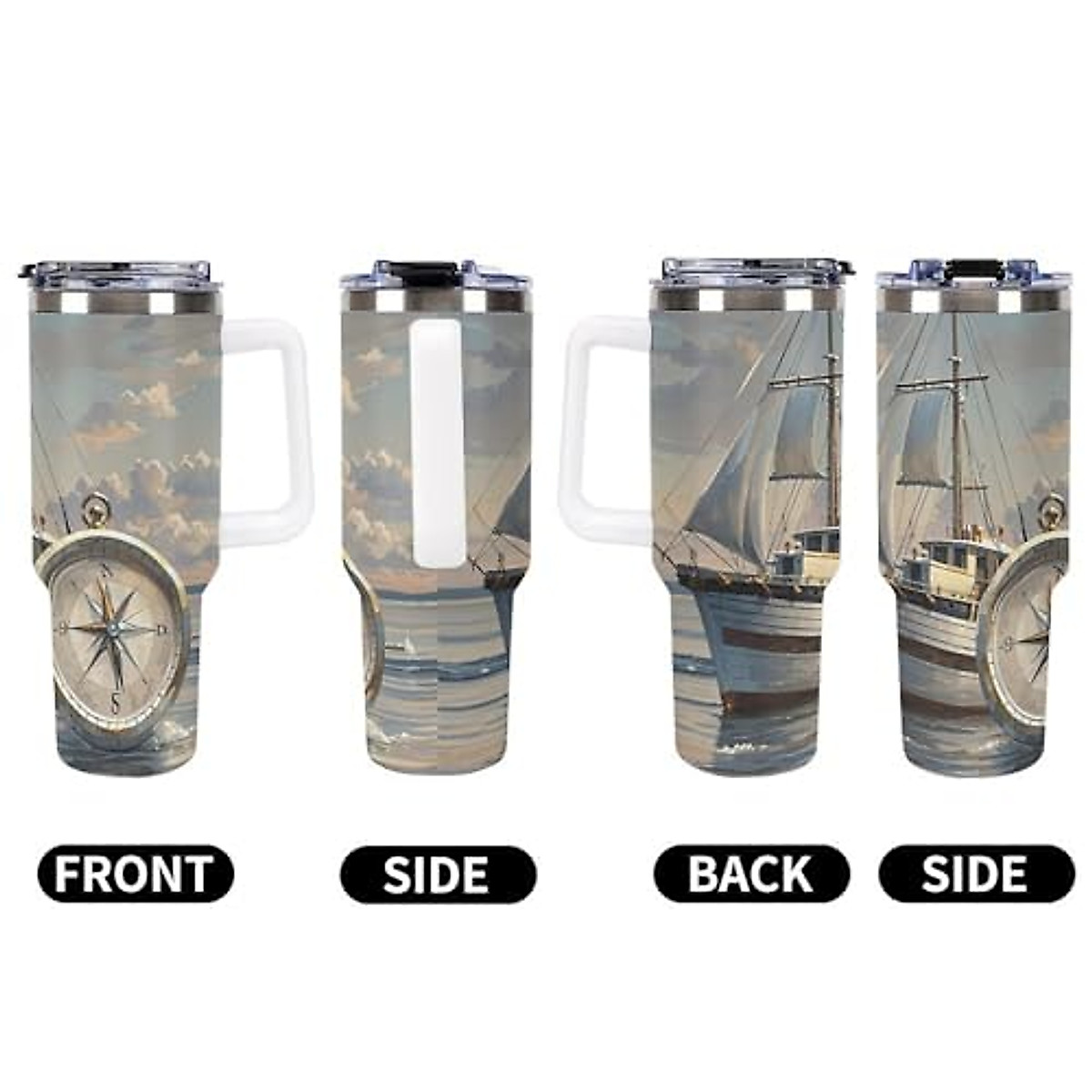 LLUTSNTH 40 Oz Vacuum Tumbler with White Handle Leakproof Insulated Tumbler Ship And Compass Stainless Steel Travel Mug with Lid And Straw Coffee Cup Cute Water Bottles Cup Holder Friendly