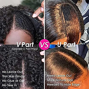 Kiqibeauty V Part Wig Human Hair For Black Women Upgrade U Part Wig Human Hair Kinky Curly Wig 100% Virgin Hair Glueless Wear and Go Wig Minimal Leave Out 200% Density (Kinky Curly, 16 Inch)