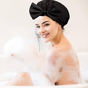 Whaline Large Shower Caps Pink Black Bowknot Bath Hair Caps Reusable Waterproof Turban Shower Hat Adjustable Bath Cap for Women Girl Beauty Hair Spa Bathing Home Travel, 2 Pack