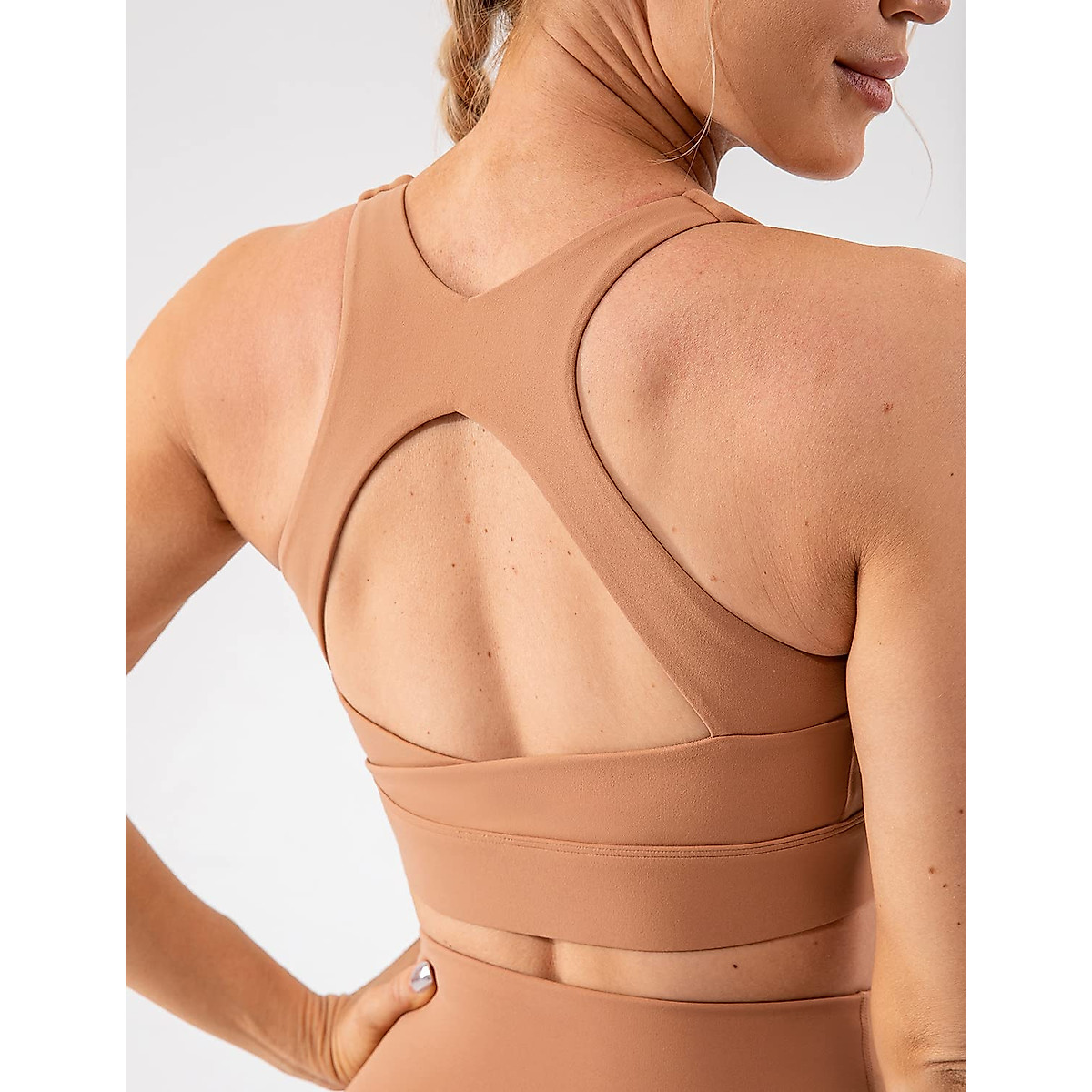 Lavento Women's Supportive Soft Sports Bra Open Racerback - Workout Yoga Training Bras Top (Pale Copper, 4)