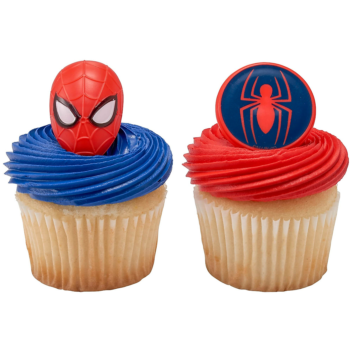 DecoPac Marvel's Spider-Man™ Spider and Mask Rings, Spider-Man Cupcake Decorations, Red and Blue Food Safe Cake Toppers – 24 Pack