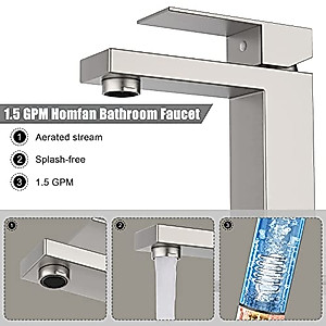 Homfan Brushed Nickel Bathroom Sink Faucet for 1 or 3 Holes with Pop Up Drain Stopper & Water Supply Hoses No-Lead Modern Single Handle Bathroom Faucet (Deck Plate Included)