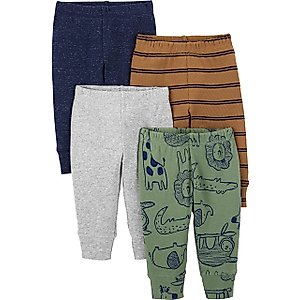 Simple Joys by Carter's Baby 4-Pack Neutral Pant, Blue Heather/Brown Stripe/Grey Heather/Olive Animal, 3-6 Months