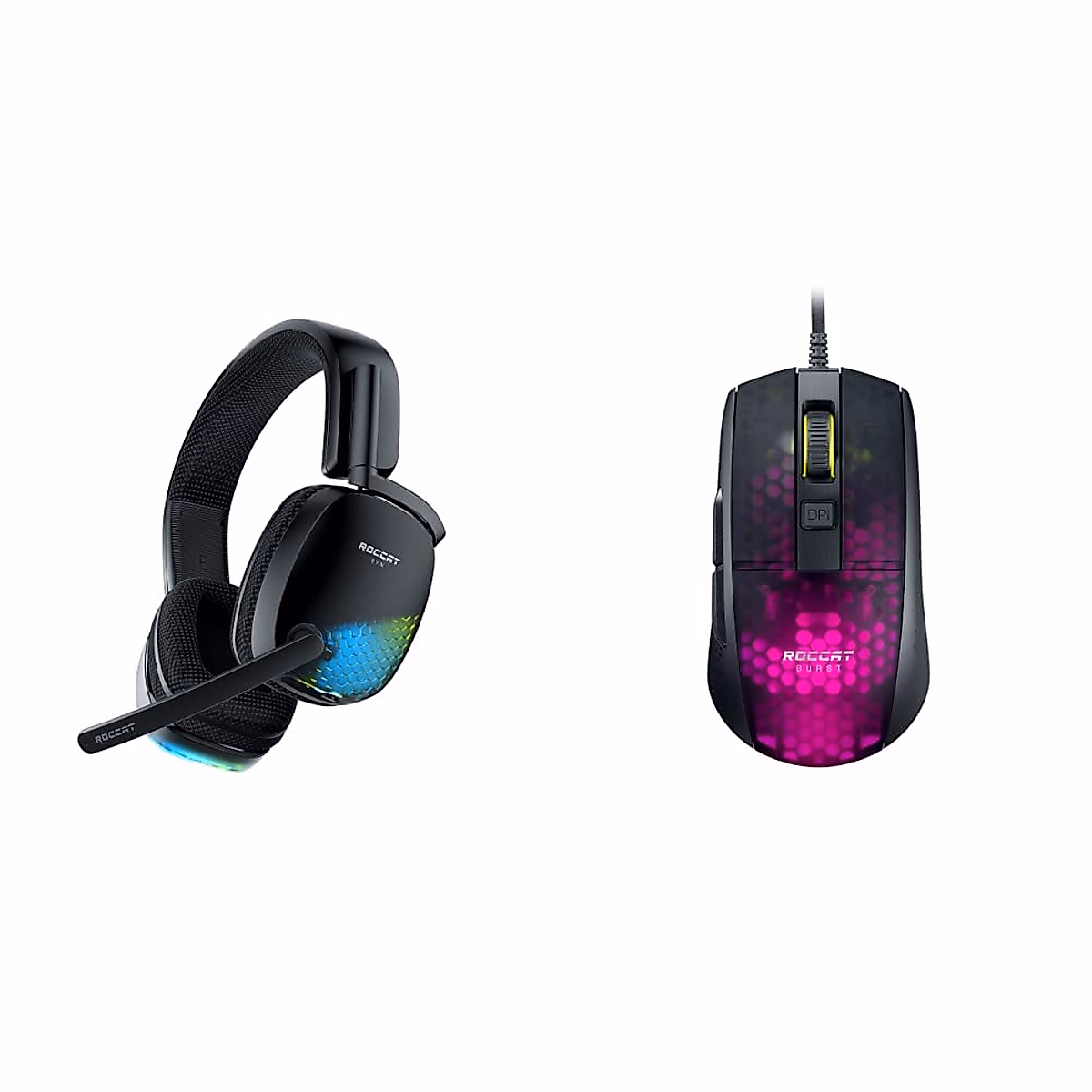 ROCCAT Syn Pro Air Wireless PC Gaming Headset, Black & Burst Pro PC Gaming Mouse, Optical Switches, Super Lightweight Ergonomic Wired Computer Mouse, RGB Lighting, Black