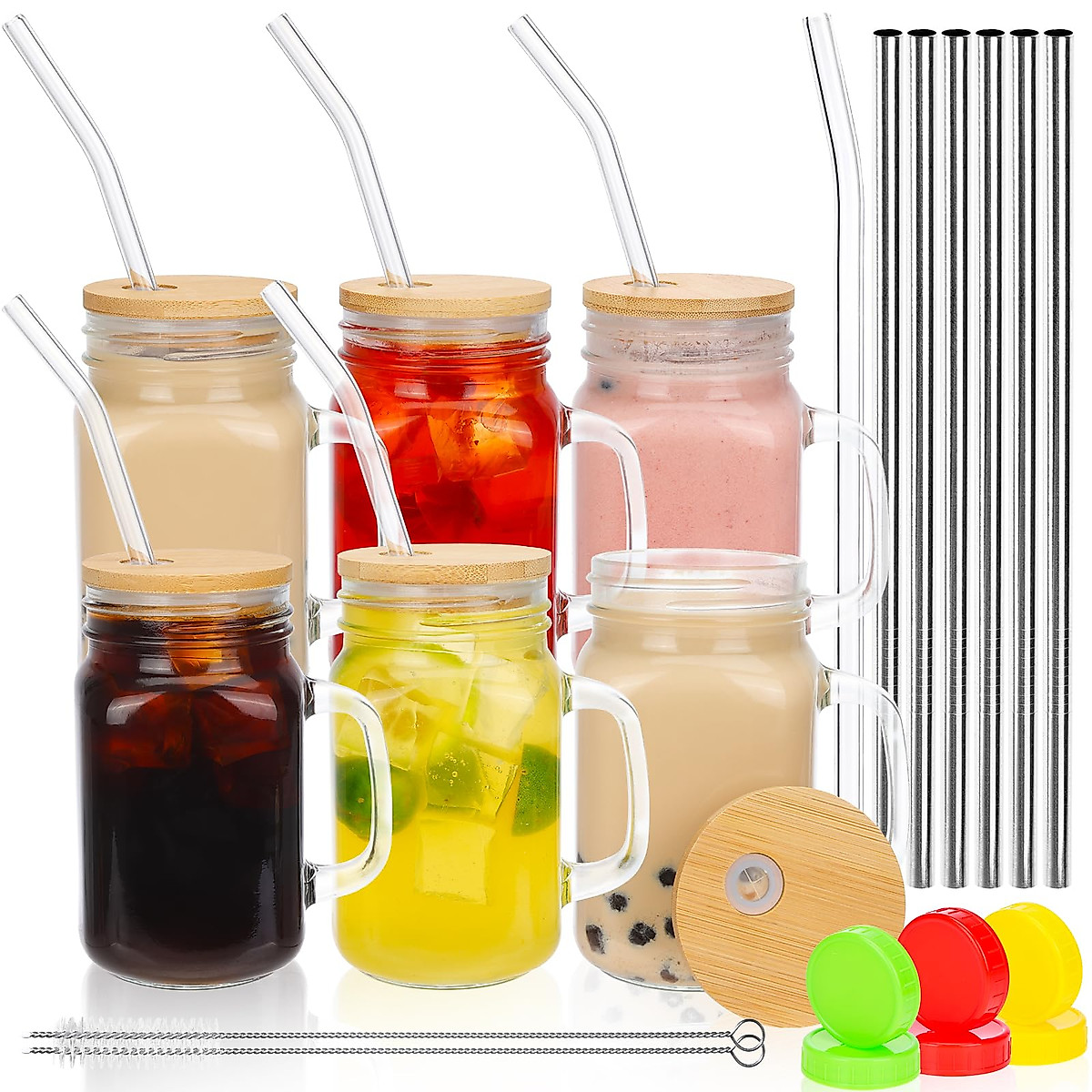 Moretoes 16oz Mason Jar Cups, Glass Cups with Lids and Straws, Iced Coffee Cups with Handle, Drinking Glass for Smoothie, Milk, Juice Set of 6