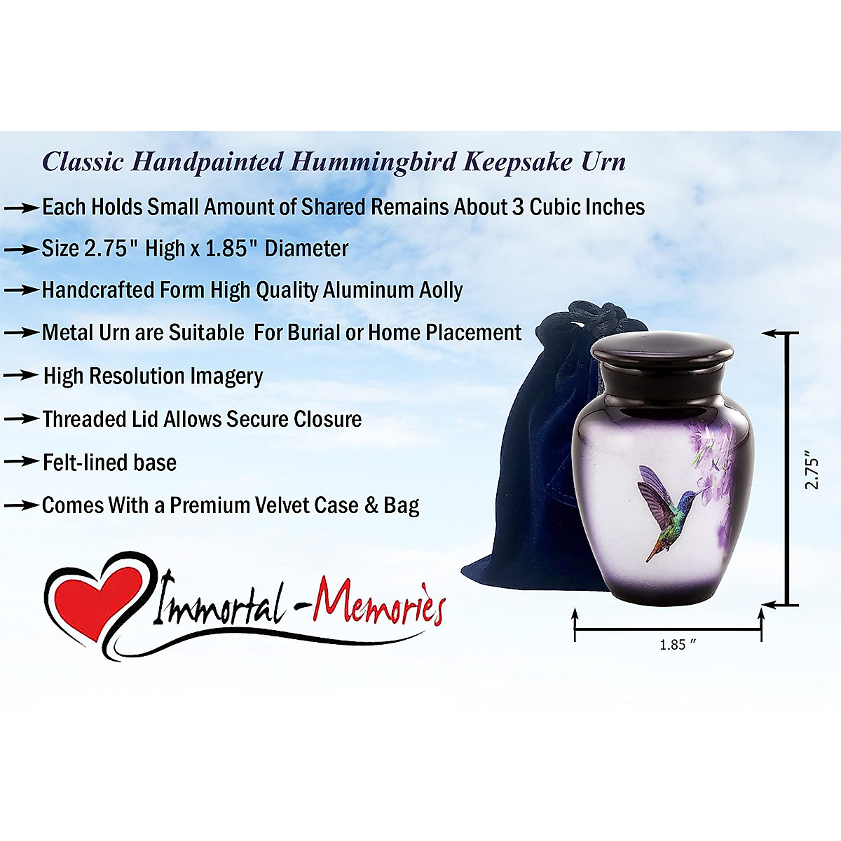 Hummingbird Keepsake Urn, Hummingbird Mini Urn for Ashes, Hand Painted Token Urn, Handmade Minature Urn with Velvet Case & Bag (Keepsake)