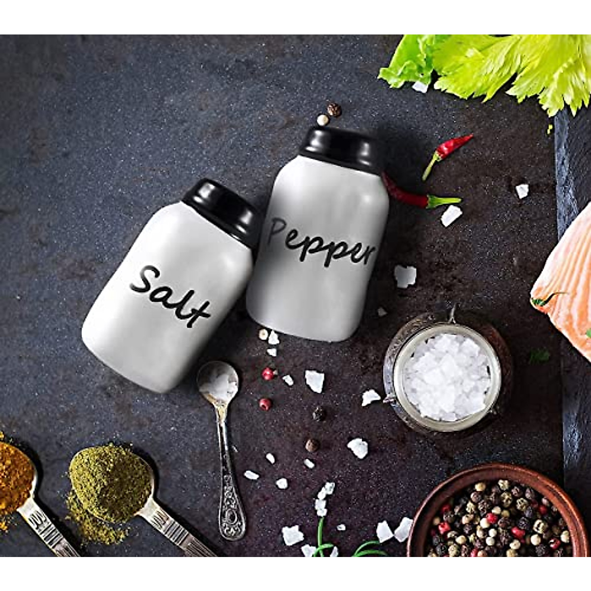 Salt and Pepper Shakers Set - Ceramic Salt and Pepper Shakers, Adorable Salt and Pepper Set for Kitchen Decor, Perfect for Cooking, RV, BBQ, Set of 2, 4 OZ