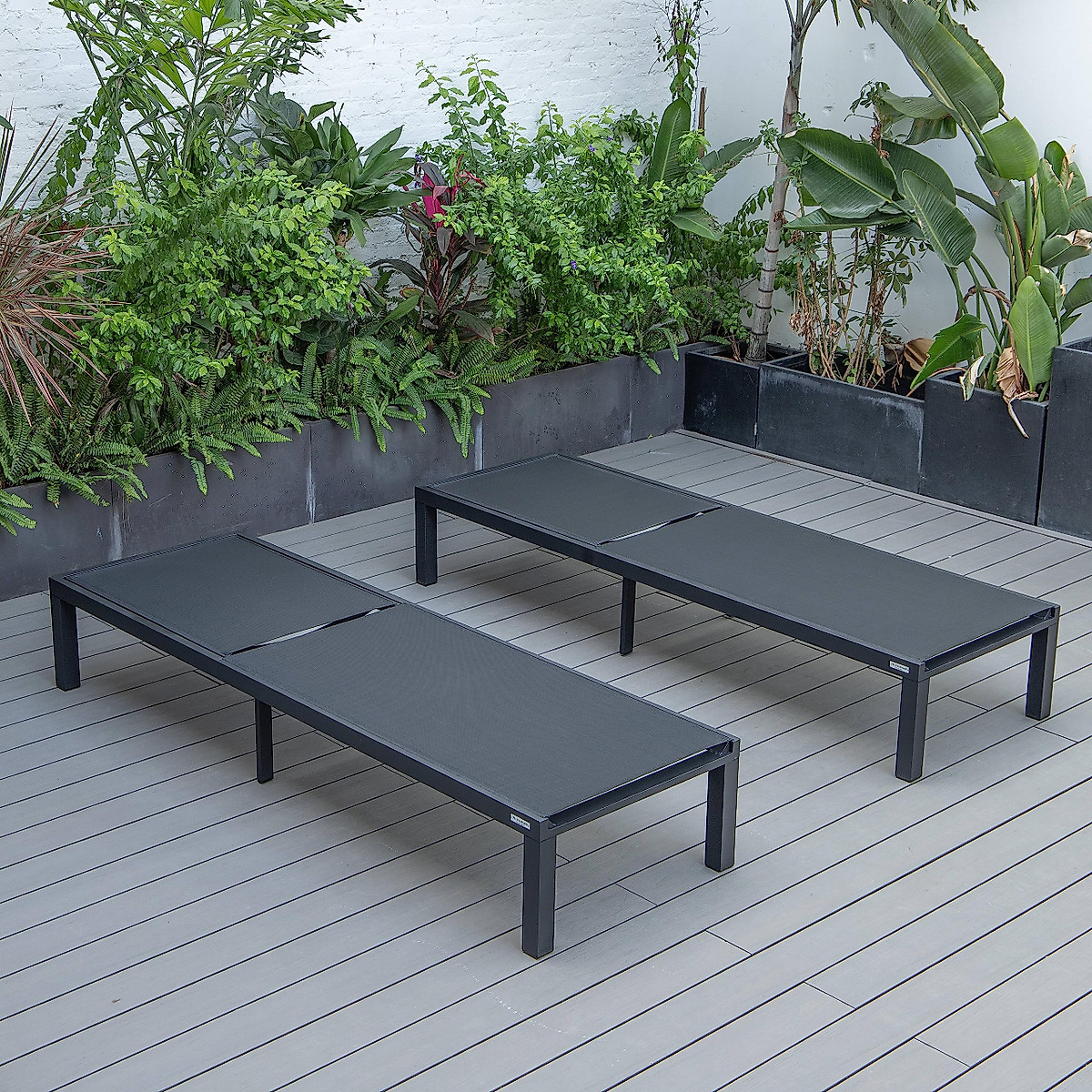 LeisureMod Marlin Poolside Outdoor Patio Lawn and Garden Modern Black Powder Coated Aluminum Frame Suntan Sling Chaise Lounge Chair, Set of 2