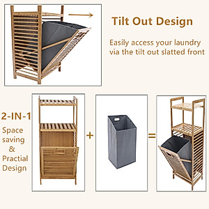 Bamboo Laundry Hamper Tilt-Out Laundry Hamper Freestanding Clothes Basket W/ 2 Tier Storage Shelves & Removable Liner Wood Clothes Sorter for Bathroom(15.7"*11.8"*37.4")