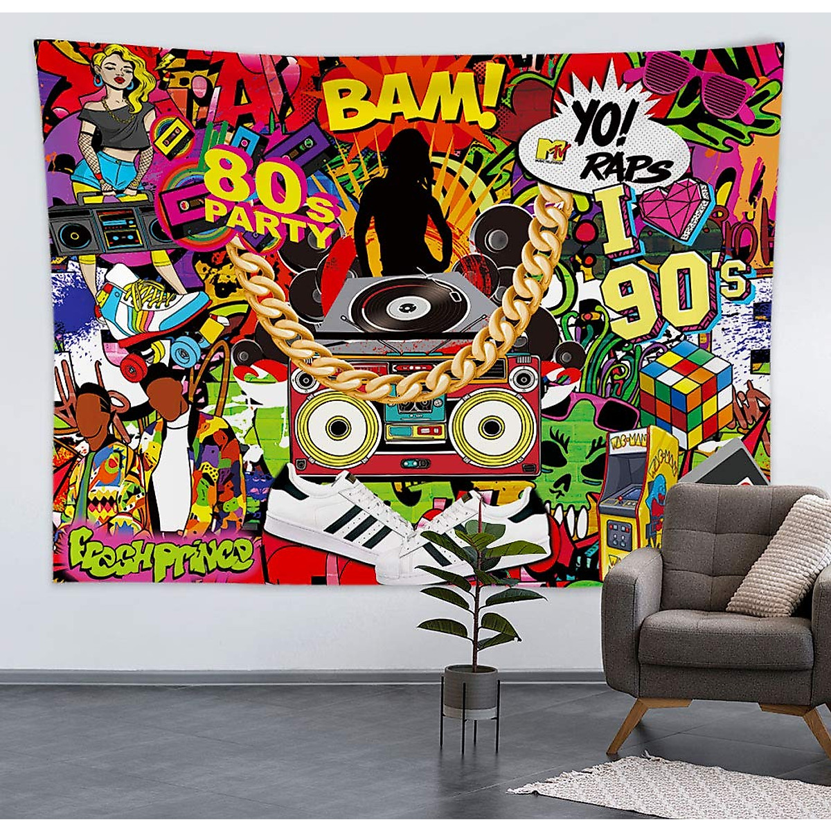 Maijoeyy 7x5ft 80's 90's Backdrop Hip Hop Backdrops for Photography Graffiti Wall I Love The 80S 90S Backdrop for Party Dj Gold Chain 80s 90s Party Decorations 90s backdrops for Photoshoot