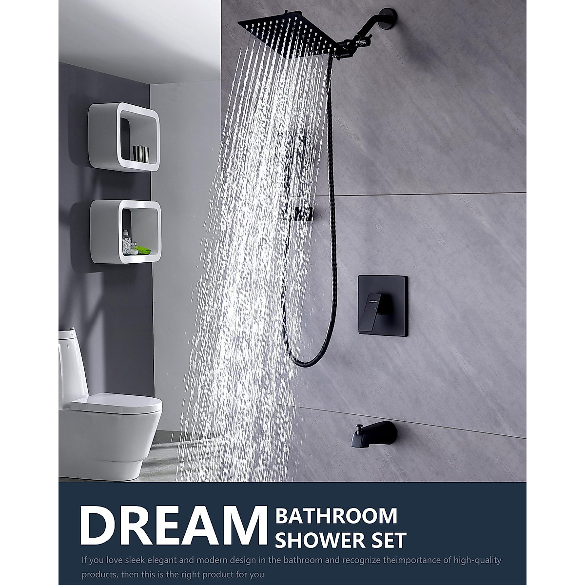BLTFAUCER Matte Black Dual Bathtub Shower Faucet Set Combo with Handheld and 8 Inch Rainfall Shower Head|Adjustable Extension Shower Arm|Tub Spout|Pressure Balance Rough-in Valve Included