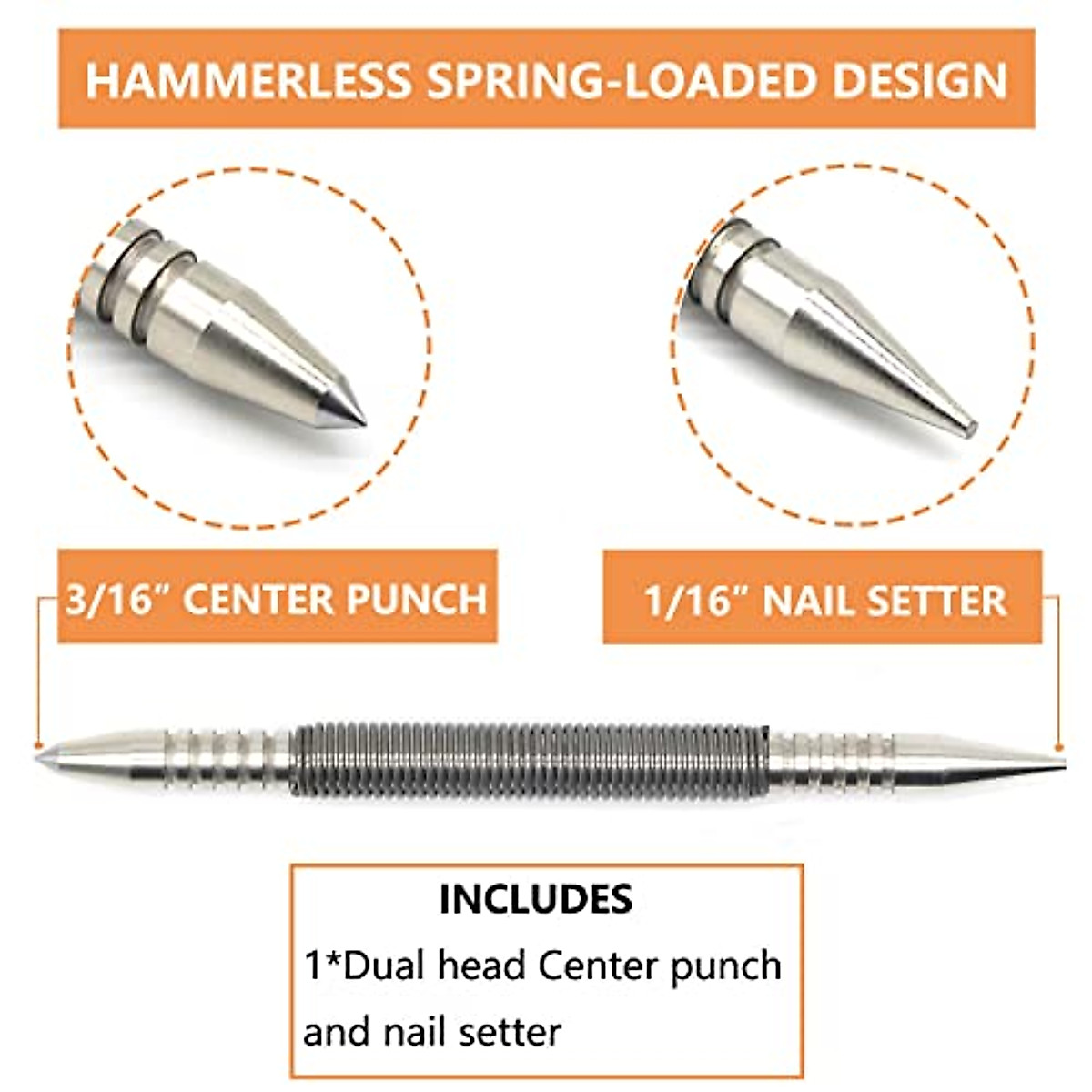 WHLLING 1/16″Dual Head Nail Setter and 3/16″Center Punch, 3500 PSI Striking Force Counter Punch Spring Nail Set