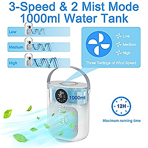 Abandship Air Cooler - Portable Conditioner Fan, Desktop with LED Display, 1000ml Capacity,Small Personal Cooling Fan 7 Colors Light,3 Speeds for Office Home Room