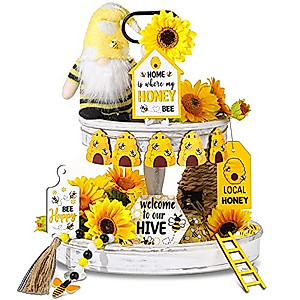 16 Pieces Bee Tiered Tray Decor Set Includes Bee Wooden Sign Sunflower Bee Gnomes Doll Wood Bead Garland with Tassel for Farmhouse Home Kitchen Decor