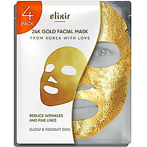 24K Gold Facial Masks for Women Skin Care Anti Aging - Collagen Moisturizing Sheet Mask for Sensitive Skin - Brightening Korean Face Mask - Hydrating Mask to Reduce Fine Lines & Wrinkles by Elixir (4 Pack)