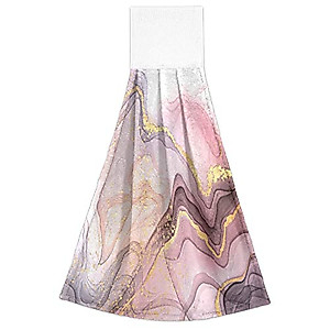 Oyihfvs Rose Gold Pink Marble Texture Ink Abstract Art 2 Pcs Hanging Kitchen Hand Towels, Hanging Tie Towels with Hook & Loop Dishcloths Sets, Decorative Absorbent Tea Bar Bath Hand Towel