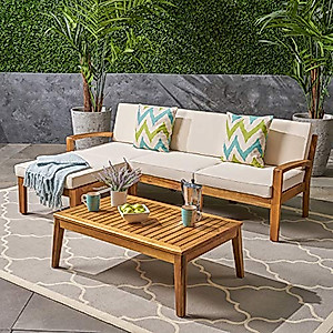 Christopher Knight Home Grenada Sectional Sofa Set | 5-Piece 3-Seater | Includes Coffee Table and Ottoman | Acacia Wood Frame | Water-Resistant Cushions | Teak and Beige, Finish
