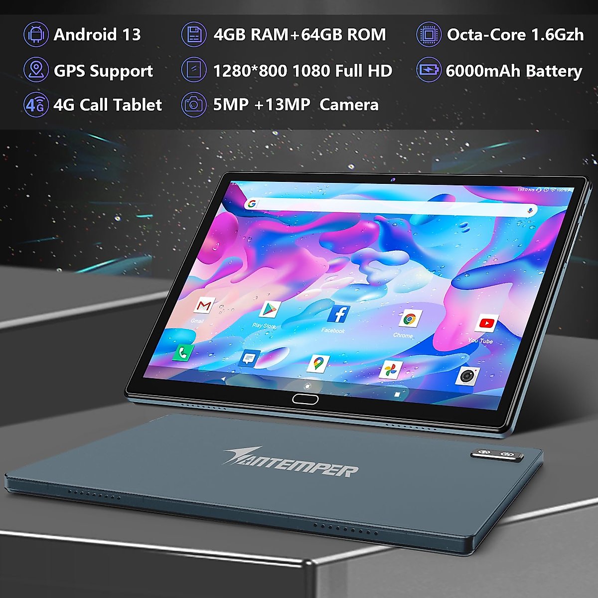 2024 Newest 10 Inch Tablet,3 in 1 Tablet with Keyboard Mouse pen, Android 13 Tablet 4G Cellular with 2 SIM 1 SD-64GB ROM TF Max 512GB,Octa-Core,1080 FHD,13MP,GMS-Zertifizierung,GPS/ WIFI/ BT(Grey)