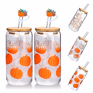 ANOTION Fall Glass Cups - Color Changing Cups with Lids and Straws Unique Autumn Decor & Iced Coffee Cup Fall Decor Pumpkin Mug with Pumpkin Decor Thanksgiving Fall Wedding Tumbler Fall Mugs, 2 Packs