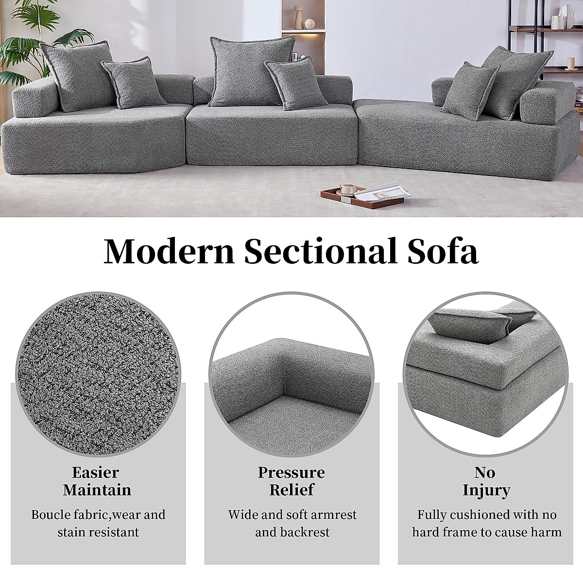 LUMISOL 3 Piece Modular U Shaped Boucle Floor Couch Set, Spacious Sectional Sofa Couch for Living Room, Foam-Filled Sofa Bed for Apartment Office, Convertible Sleeper Couch, Gray