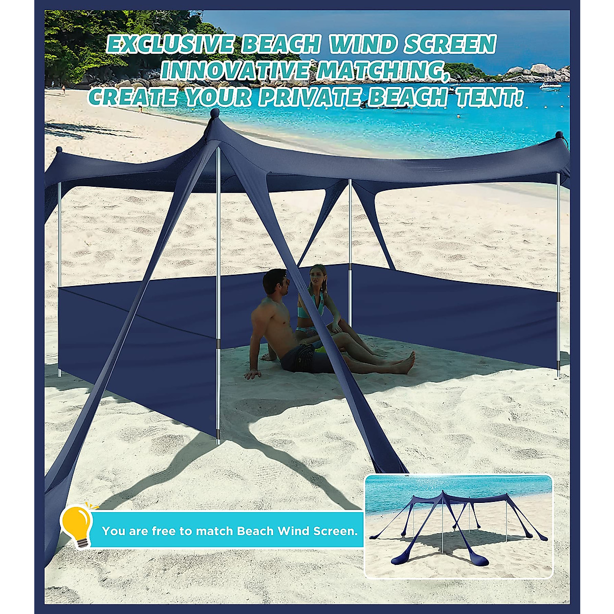 EYEFAME UPF50+ Anti-Wind Beach Tent with Sandproof Private Beach Wind Screen, Stable 8 Sandbags Design Beach Canopy Sun Shade with Carrying Bag, Portable Easy Assemble Sun Shelter for Outdoor Camping