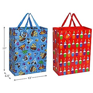 FZOPO Kids Birthday Gift Bag Assortment, Heavy Duty Paper Gift Bags, Red, Blue, Purple, Yellow, Brown, Pack of 12 Small, Medium, Extra Large Bags for Birthdays, Kid Party, Childrens Day