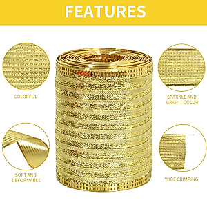 TONIFUL Christmas Ribbon Bright Champagne Gold Wired Edged Ribbons Roll Sparking Metallic Glitter Ribbon 2-1/2 Inch Wide for Xmas Tree Decorations Wreath DIY Crafts Bows Tree Gift Wrapping（6.5 Yards）
