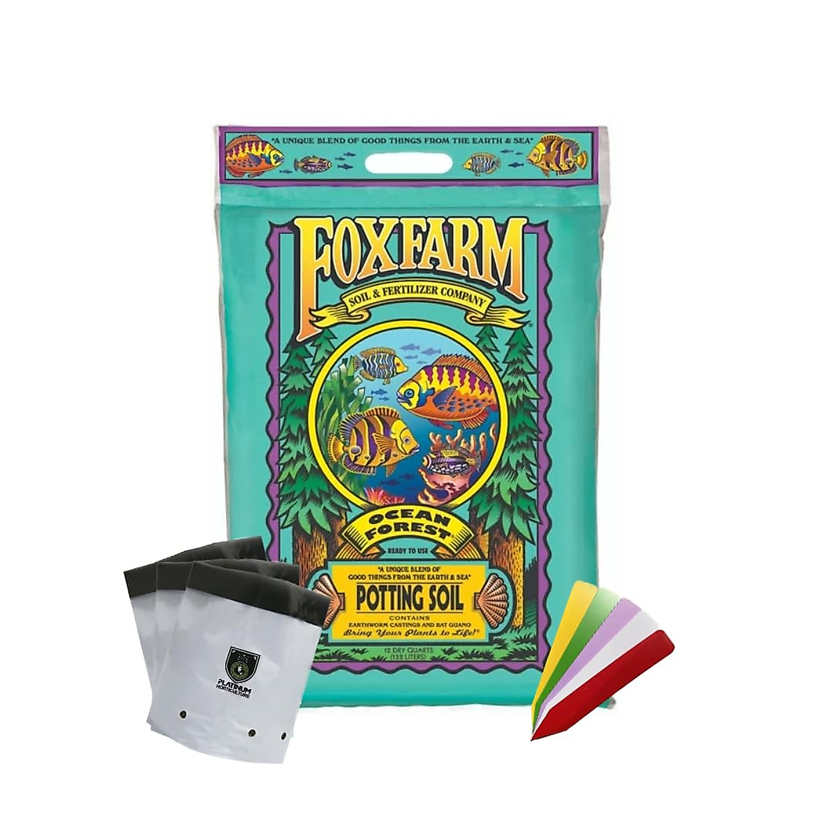 FoxFarm FX14053 Ocean Forest Potting Soil Mix for Indoor and Outdoor Plants 12 qt (1ct), Platinum Horticulture Plastic Grow Bags 1 Gal (8ct), Garden Stake (8ct), Potting Soil Starter kit