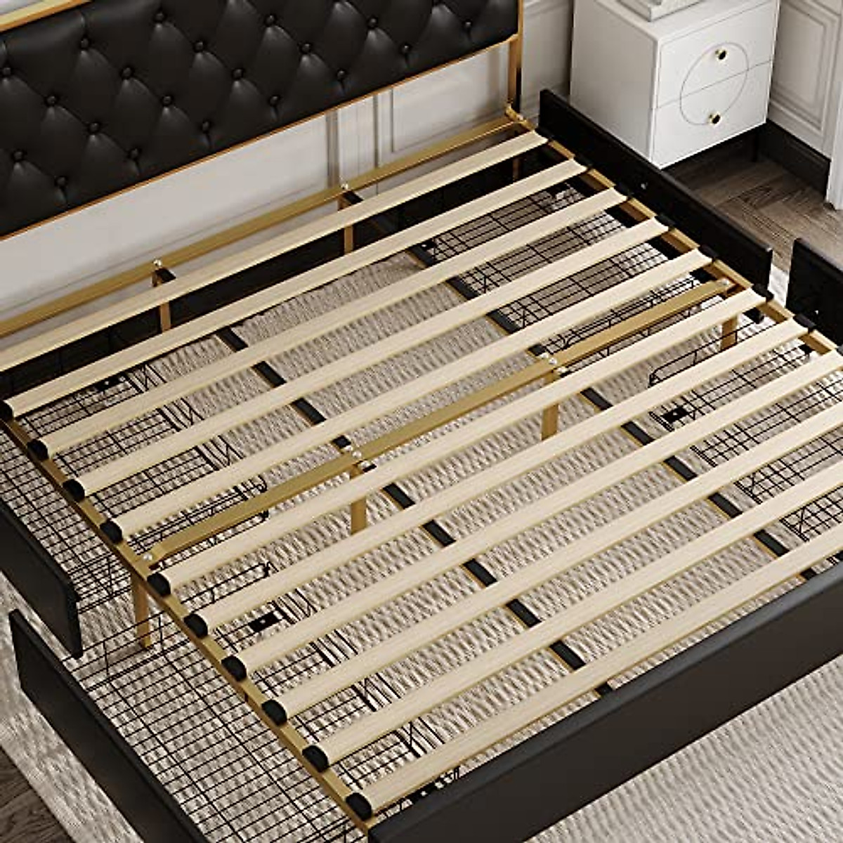 HIFIT Queen Bed Frame with 4 Storage Drawers, Faux Leather Queen Platform Bed Frame with Button Tufted Headboard, Heavy Duty Mattress Foundation with Wooden Slats, No Box Spring Needed, Golden & Black