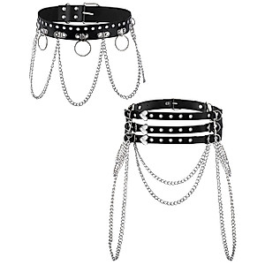 LOREMOW 2 Pcs Leather Waist Chain Belt for Women Punk Layered Waist Belly Chain Goth Body Chain Nightclub Party Body Jewelry Accessories