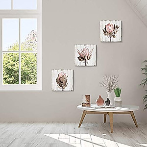 UTOP-art Pink Floral Picture Wall Art: Protea Flowers Artwork Print on Wooden Textured Canvas Art for Bathroom (12'' x 12'' x 3 Panels)