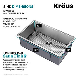 Kraus KHU100-32 Standart PRO 16 Gauge Undermount Single Bowl Stainless Steel Kitchen Sink, 32 Inch